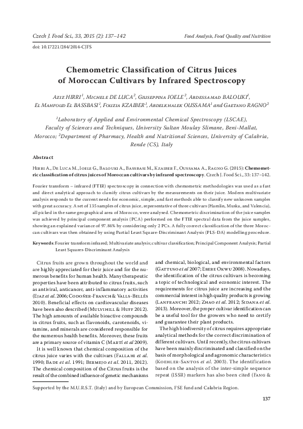 (PDF) Chemometric classification of citrus juices of Moroccan cultivars by infrared spectroscopy