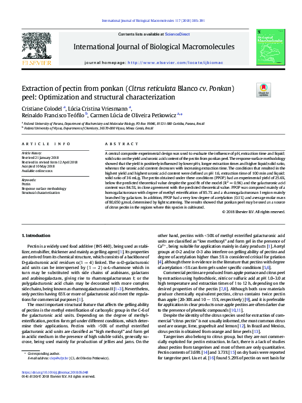 Pdf Extraction Of Pectin From Ponkan Citrus Reticulata Blanco Cv