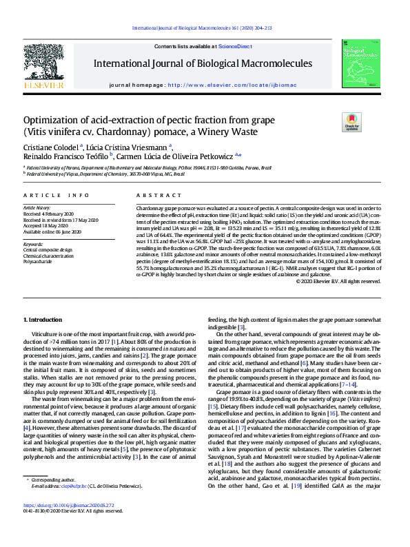 (PDF) Optimization of acid-extraction of pectic fraction from grape (Vitis vinifera cv ...