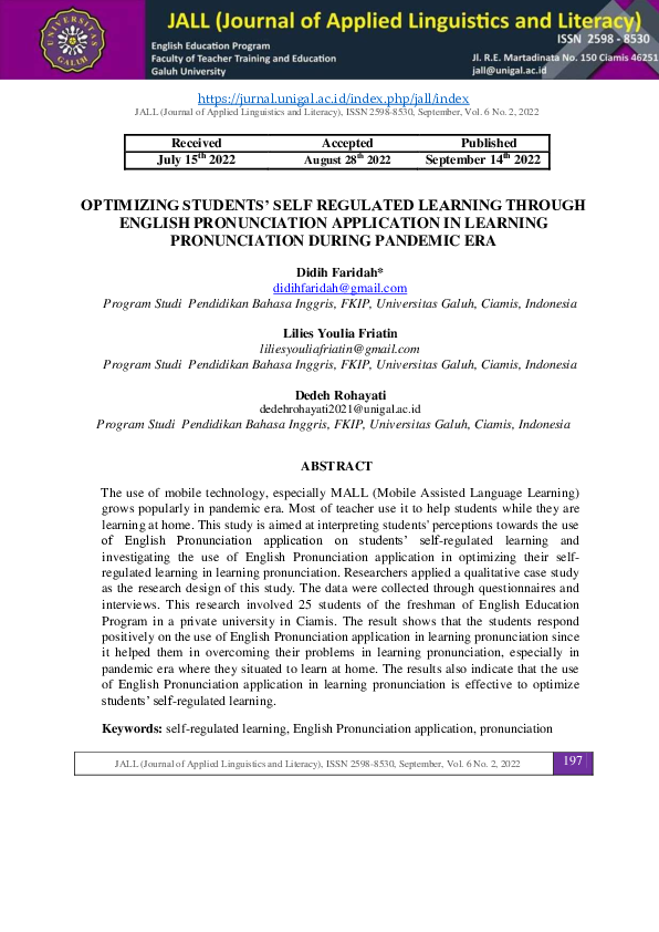 (PDF) Optimizing Students’ Self Regulated Learning Through English Pronunciation Application in ...