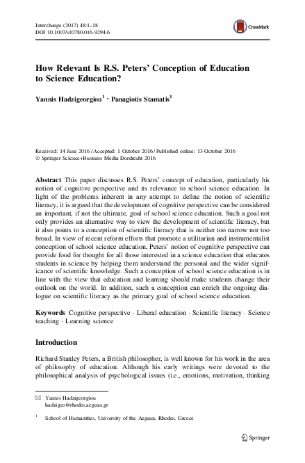 (PDF) How Relevant Is R.S. Peters’ Conception of Education to Science ...