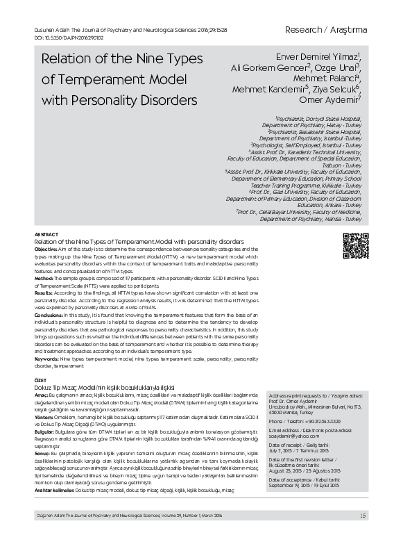 (PDF) Relation of the Nine Types of Temperament Model with personality ...