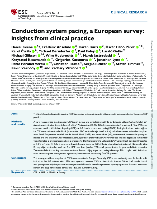 Pdf Conduction System Pacing A European Survey Insights From