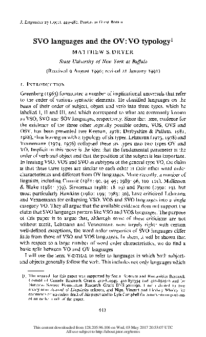 (PDF) SVO languages and the OV: VO typology