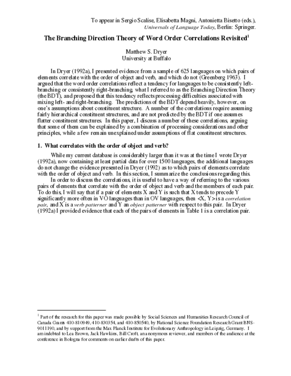(PDF) The Branching Direction Theory of Word Order Correlations Revisited