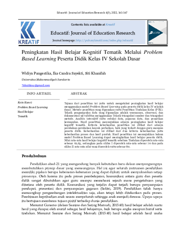 (PDF) Peningkatan Hasil Belajar Kognitif Tematik Melalui Problem Based ...