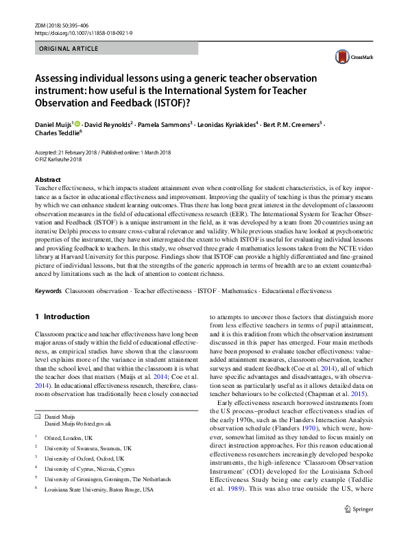 (PDF) Assessing individual lessons using a generic teacher observation ...
