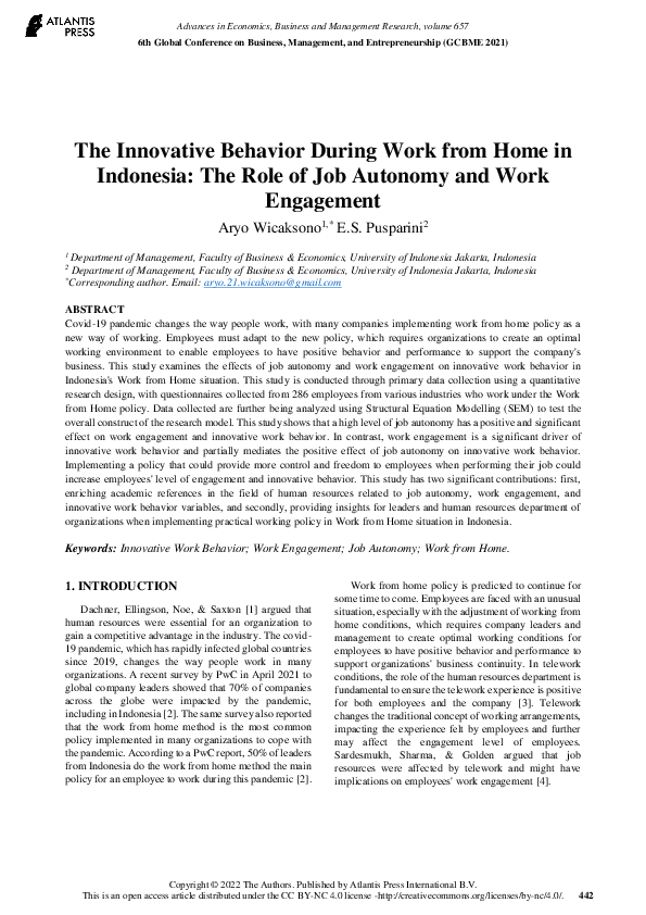 (PDF) The Innovative Behavior During Work from Home in Indonesia: The Role of Job Autonomy and ...