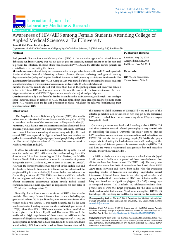 (PDF) Awareness of HIV/AIDS among Female Students Attending College of ...