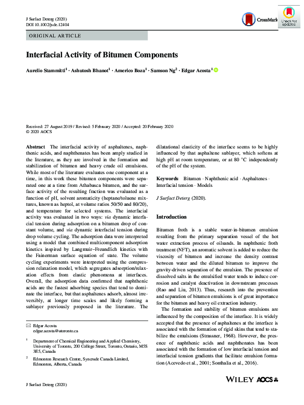 (PDF) Interfacial Activity of Bitumen Components