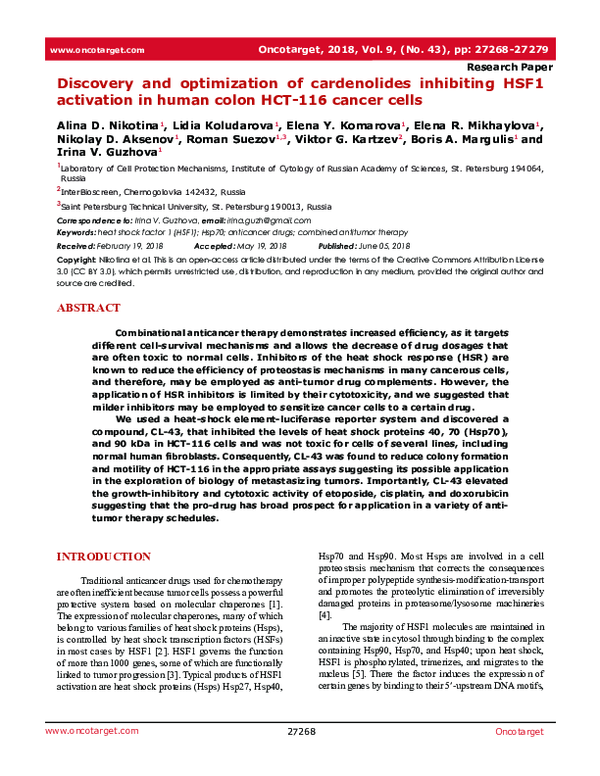 (PDF) Discovery and optimization of cardenolides inhibiting HSF1 ...
