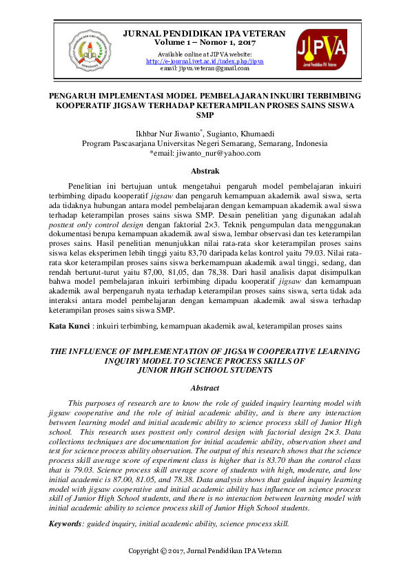 (PDF) Implementasi Model Pembelajaran Inkuiri Terbimbing Dengan Kooperatif Jigsaw Terhadap ...