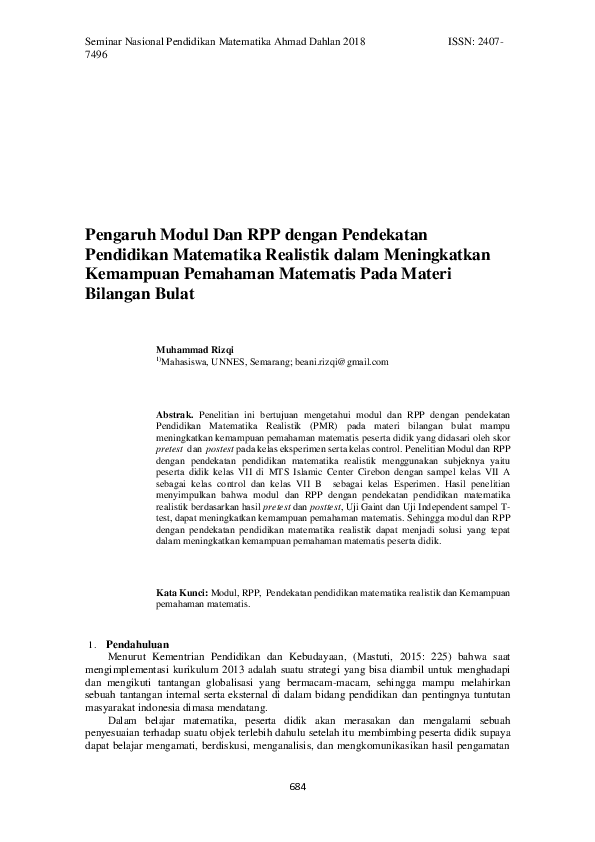 (PDF) Pengaruh Modul Dan RPP Dengan Pendekatan Pendidikan Matematika Realistik Dalam ...