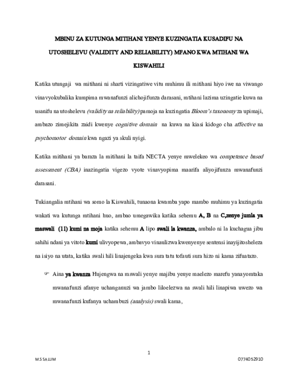 (PDF) MBINU ZA KUTUNGA MITIHANI YENYE KUZINGATI USANIFU NA UTOSHELEVU