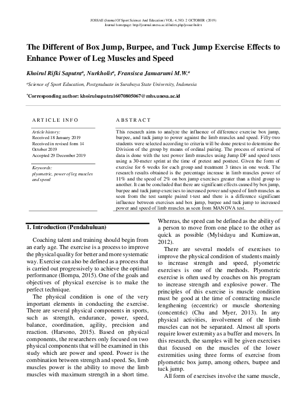 (PDF) The Different of Box Jump, Burpee, and Tuck Jump Exercise Effects ...