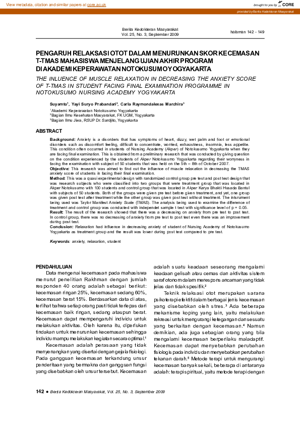 (PDF) Pengaruh Relaksasi Otot dalam Menurunkan Skor Kecemasan T-Tmas ...