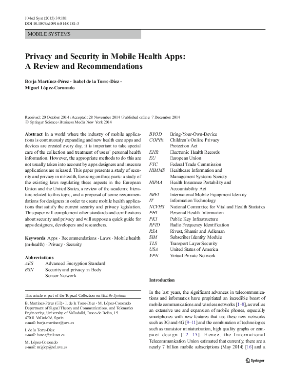 (PDF) Privacy and Security in Mobile Health Apps: A Review and ...