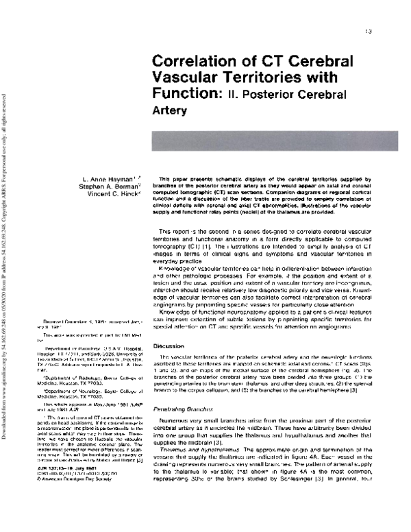 (PDF) Correlation of CT cerebral vascular territories with function: II. Posterior cerebral artery