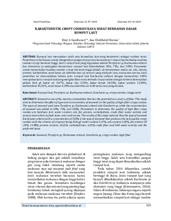 (PDF) Karakteristik Crispy Cookies Kaya Serat Berbahan Dasar Rumput Laut