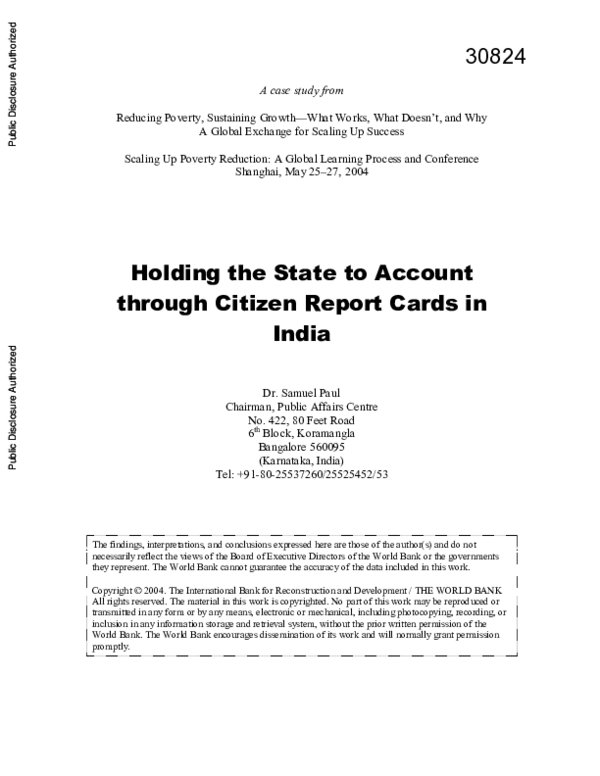 (PDF) Holding the state to account through citizen report cards in India