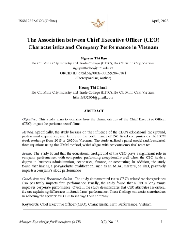 (PDF) The Association between Chief Executive Officer (CEO ...