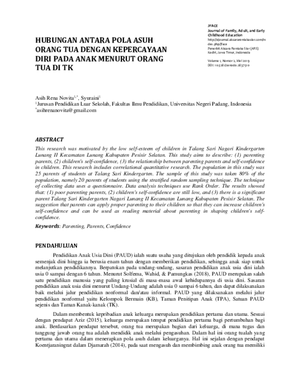 (PDF) Hubungan Antara Pola Asuh Orang Tua Dengan Kepercayaan Diri Pada Anak Menurut Orang Tua DI TK