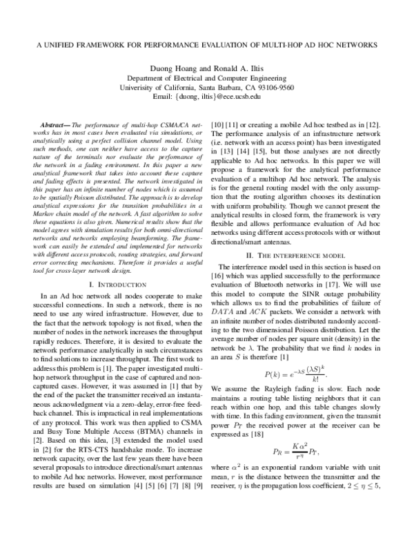 Pdf A Unified Framework For Performance Evaluation Of Multi Hop Ad