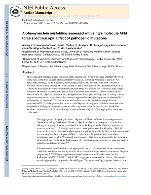 (PDF) α-Synuclein Misfolding Assessed with Single Molecule AFM Force ...