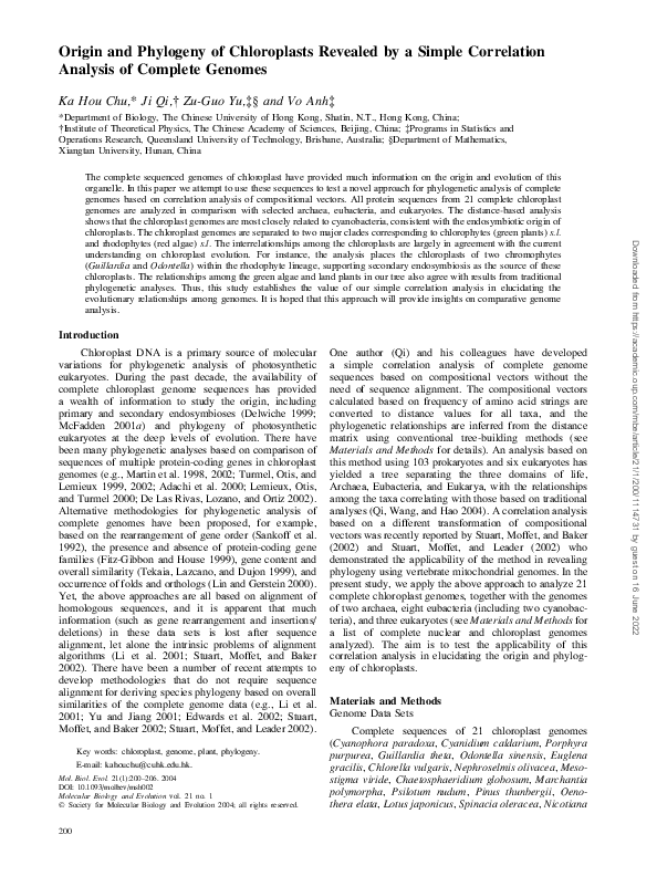 (PDF) Origin and Phylogeny of Chloroplasts Revealed by a Simple Correlation Analysis of Complete ...