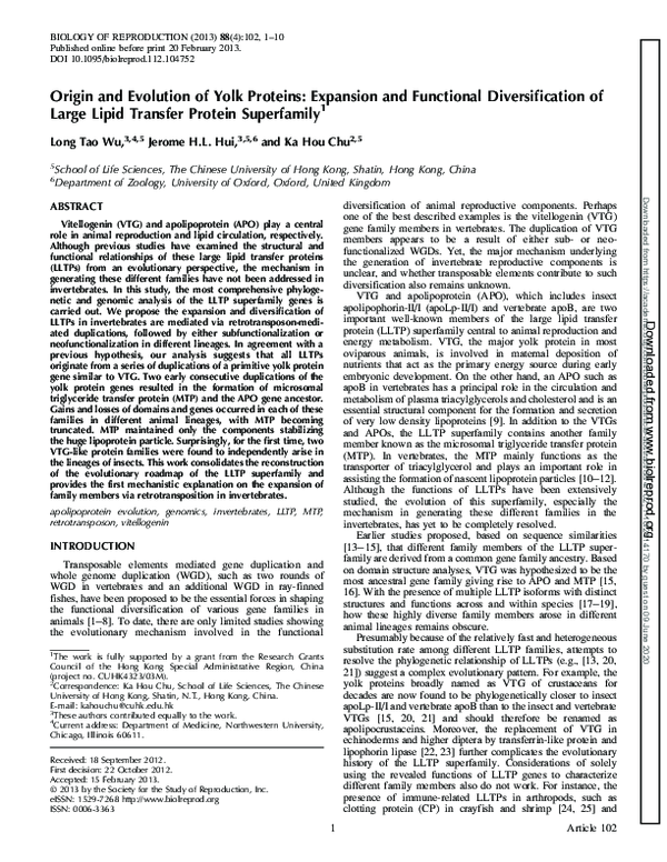(PDF) Origin and Evolution of Yolk Proteins: Expansion and Functional ...