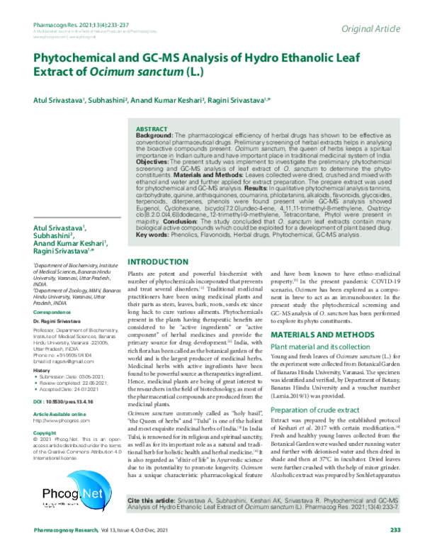 (PDF) Phytochemical and GC-MS Analysis of Hydro Ethanolic Leaf Extract of Ocimum sanctum (L.)