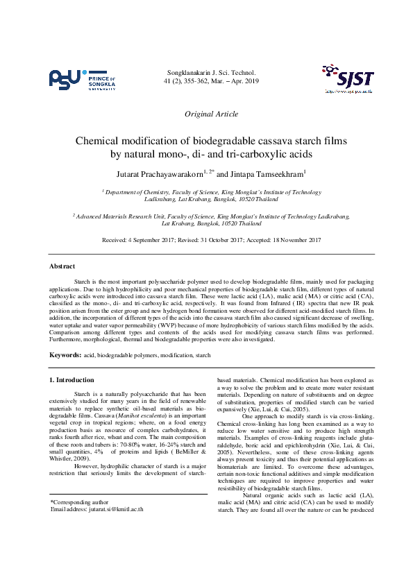 (PDF) Chemical modification of biodegradable cassava starch films by ...