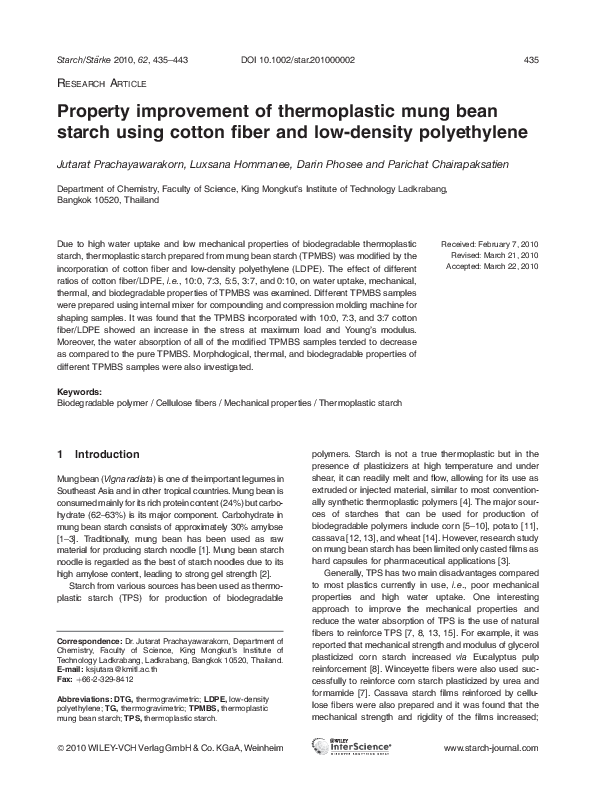 (PDF) Property improvement of thermoplastic mung bean starch using cotton fiber and low-density ...