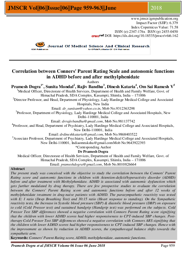 (PDF) ADHD, Conners' Scale, and Autonomic Function