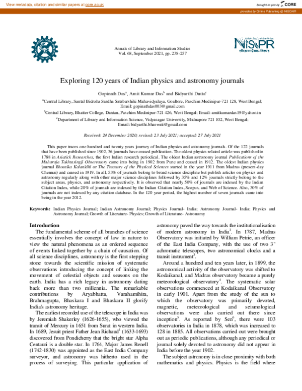 (PDF) Exploring 120 years of Indian physics and astronomy journals