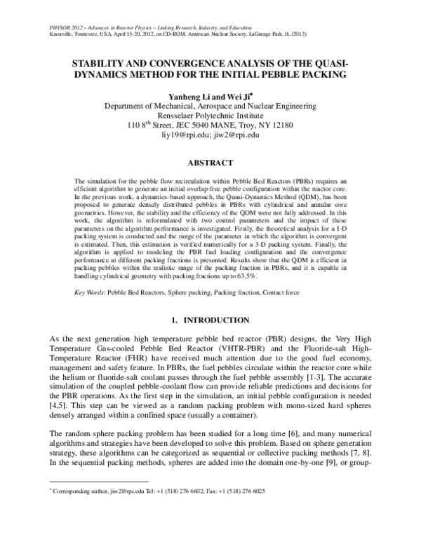 (PDF) Stability and Convergence Analysis of the Quasi- Dynamics Method for the Initial Pebble ...
