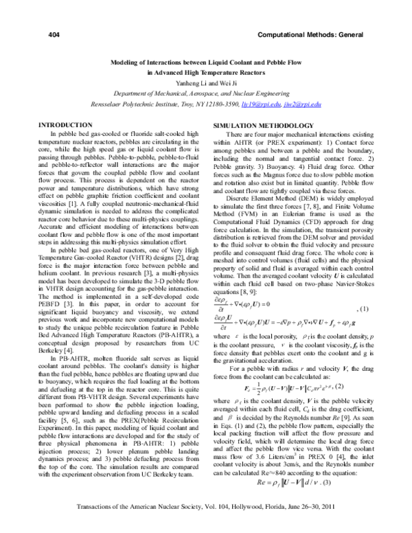 (PDF) Modeling of Interactions between Liquid Coolant and Pebble Flow in Advanced High ...