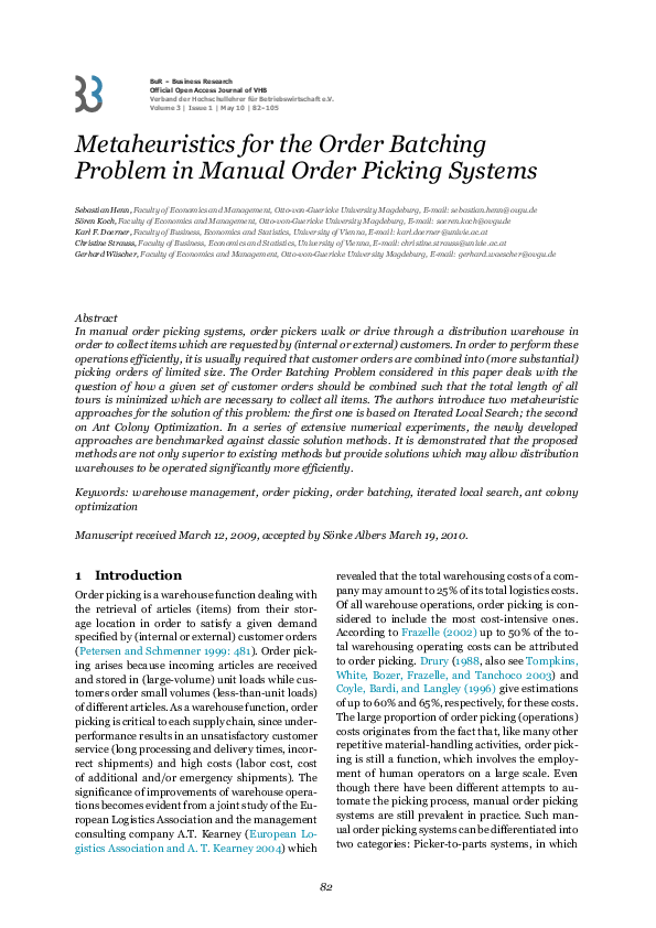 (PDF) Metaheuristics for the Order Batching Problem in Manual Order Picking Systems