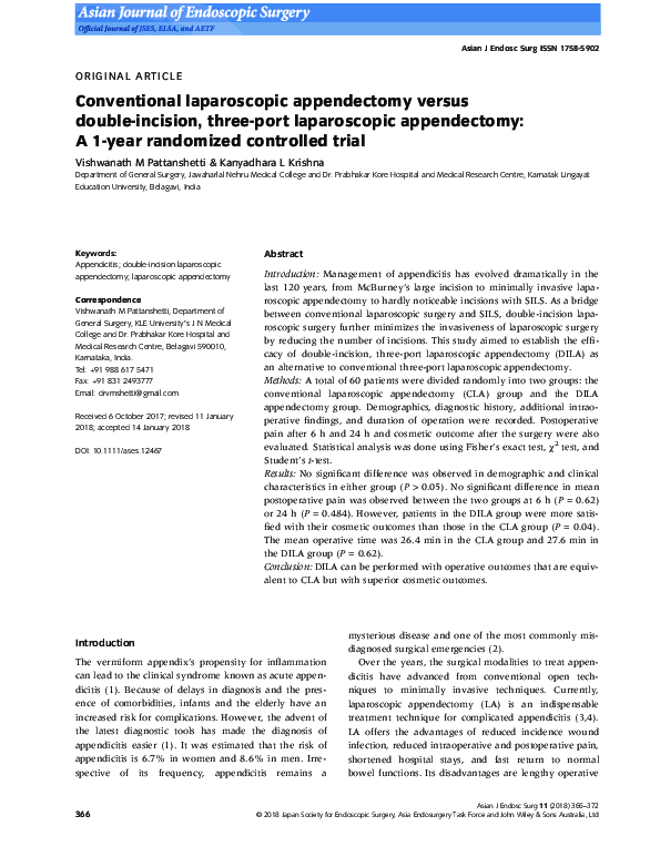Pdf Conventional Laparoscopic Appendectomy Versus Double Incision