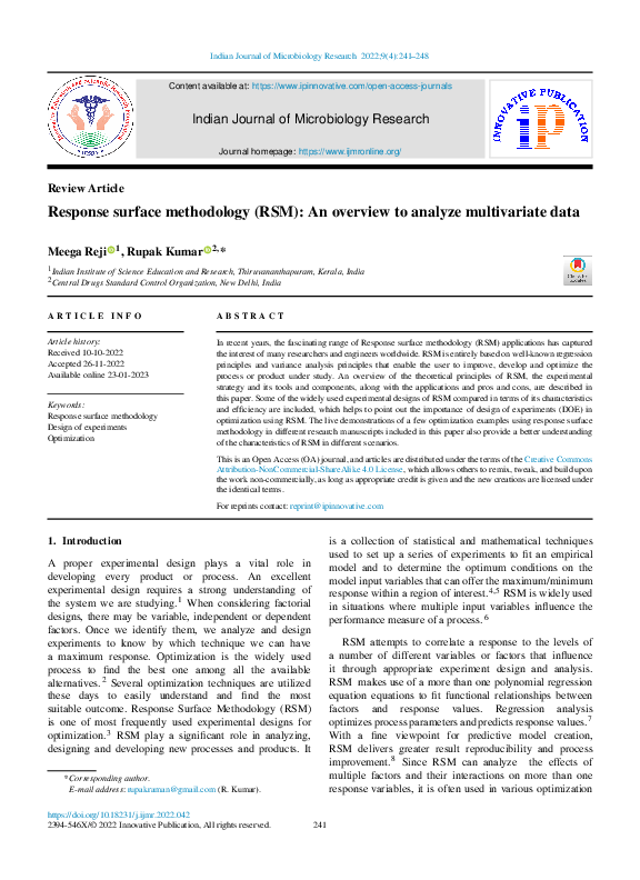 (PDF) Response surface methodology (RSM): An overview to analyze multivariate data