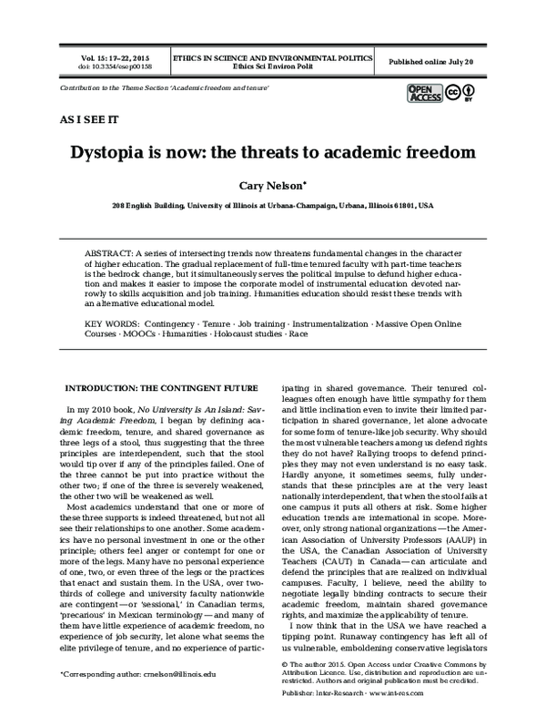 (PDF) Dystopia is now: the threats to academic freedom