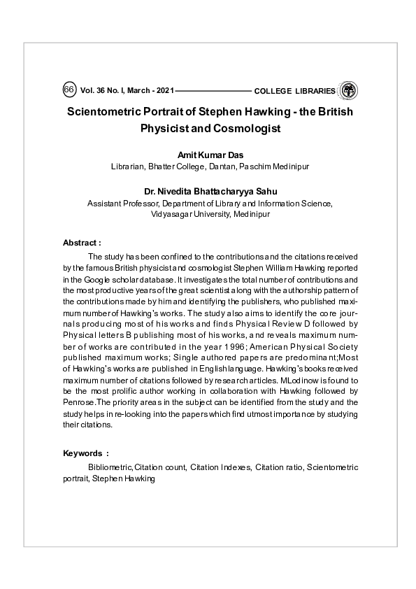 (PDF) Scientometric Portrait of Stephen Hawking -the British Physicist ...