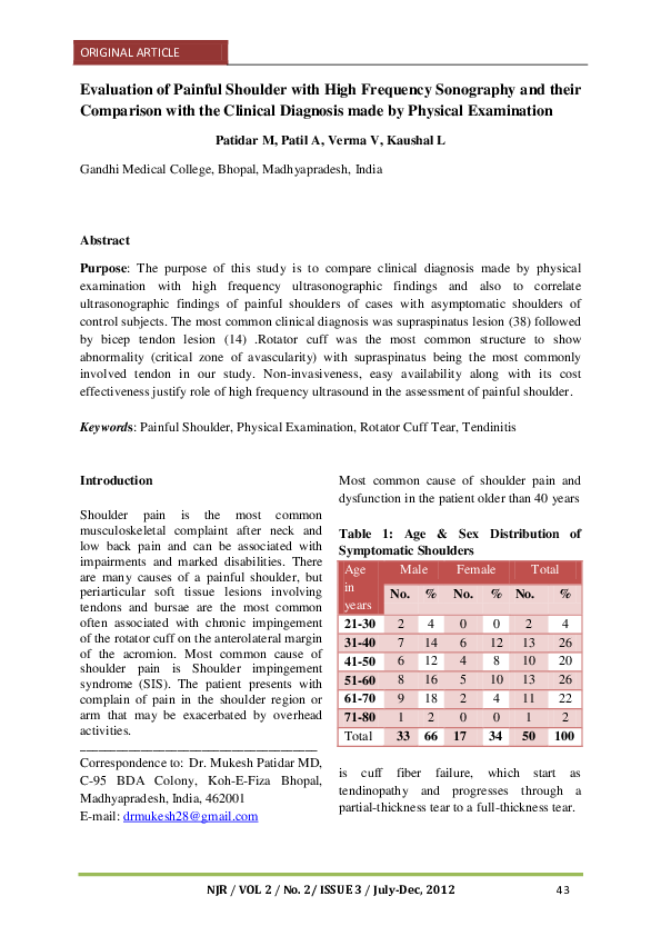 (PDF) Evaluation of Painful Shoulder with High Frequency Sonography and ...