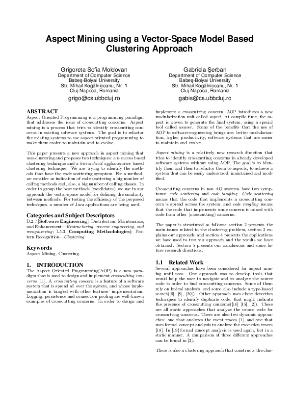 Pdf Aspect Mining Using A Vector Space Model Based Clustering Approach