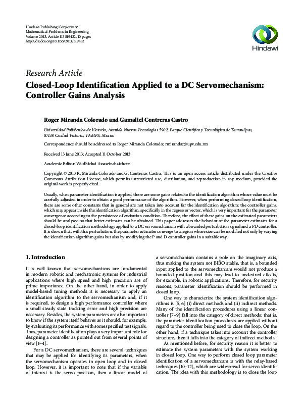 (PDF) Closed-Loop Identification Applied to a DC Servomechanism: Controller Gains Analysis