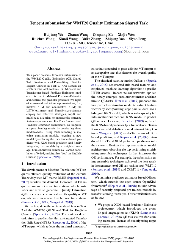 (PDF) Tencent submission for WMT20 Quality Estimation Shared Task