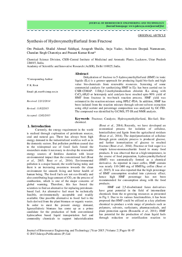 (PDF) Efficient Synthesis of Hydroxymethylfurfural from Fructose