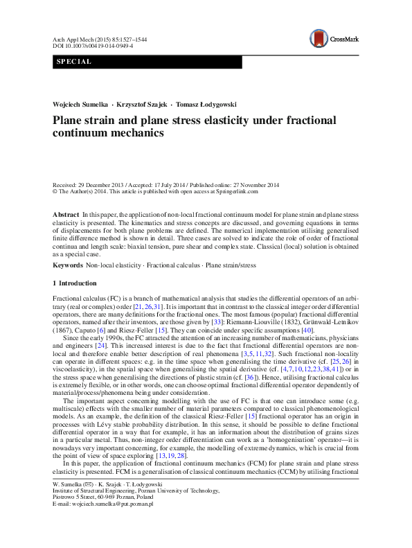 (PDF) Plane strain and plane stress elasticity under fractional continuum mechanics