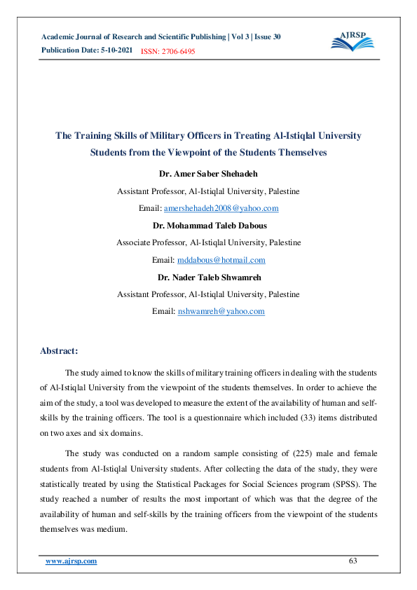 (PDF) The Training Skills of Military Officers in Treating Al-Istiqlal University Students from ...