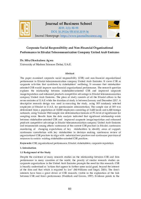 (PDF) Corporate Social Responsibility and Non-Financial Organizational Performance in Etisalat ...
